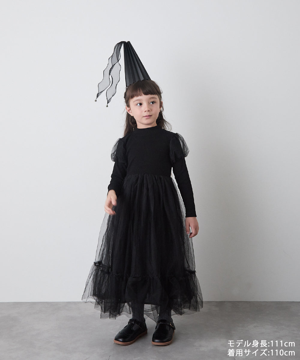 チュールパフスリーブドッキングワンピース